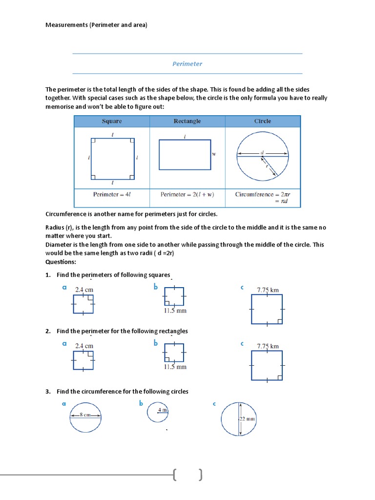 Perimeter: Questions: 1. Find The Perimeters of Following Squares | PDF ...