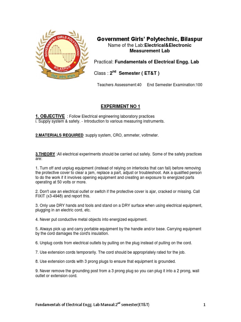 Fundamentals of Electrical Engg. Lab Manual | PDF | Transformer ...