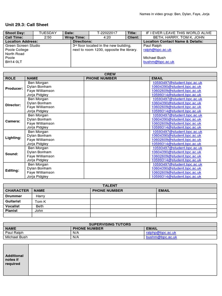 Call Sheet Exemplar Music Video-2 | PDF | Leisure