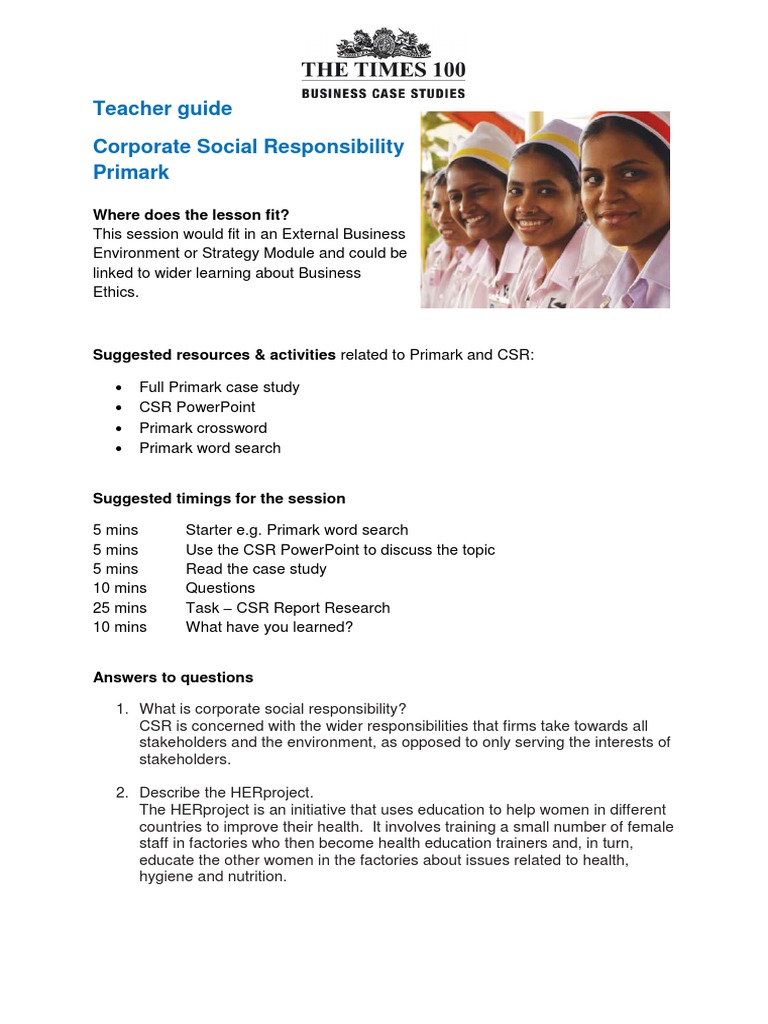 Primark Edition 18 Teacher Guide Corporate Social Responsibility PDF ...