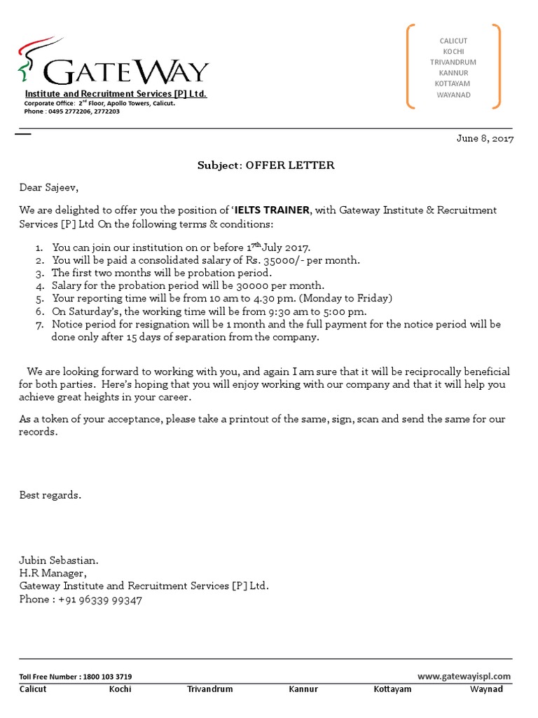 Ielts Trainer: Subject: OFFER LETTER | PDF