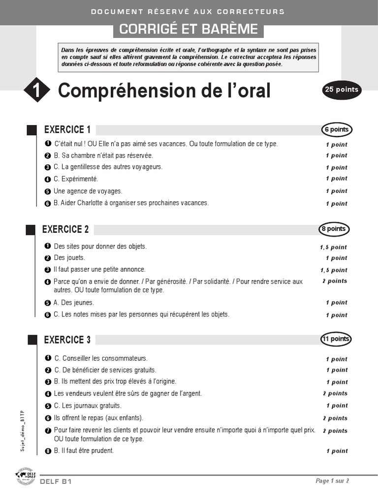 Corrigés d'exercices DELF B1 2023 | PDF