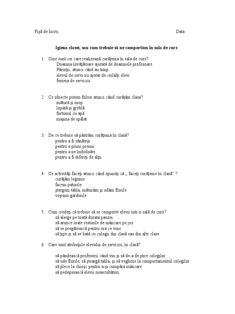 Fise de Lucru Reguli de Igiena Clasa | PDF