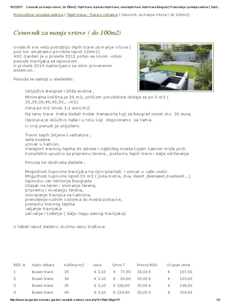 Cenovnik Za Manje Vrtove (Do 100m2) Tepih Trava, Isporuka Tepih Trave ...