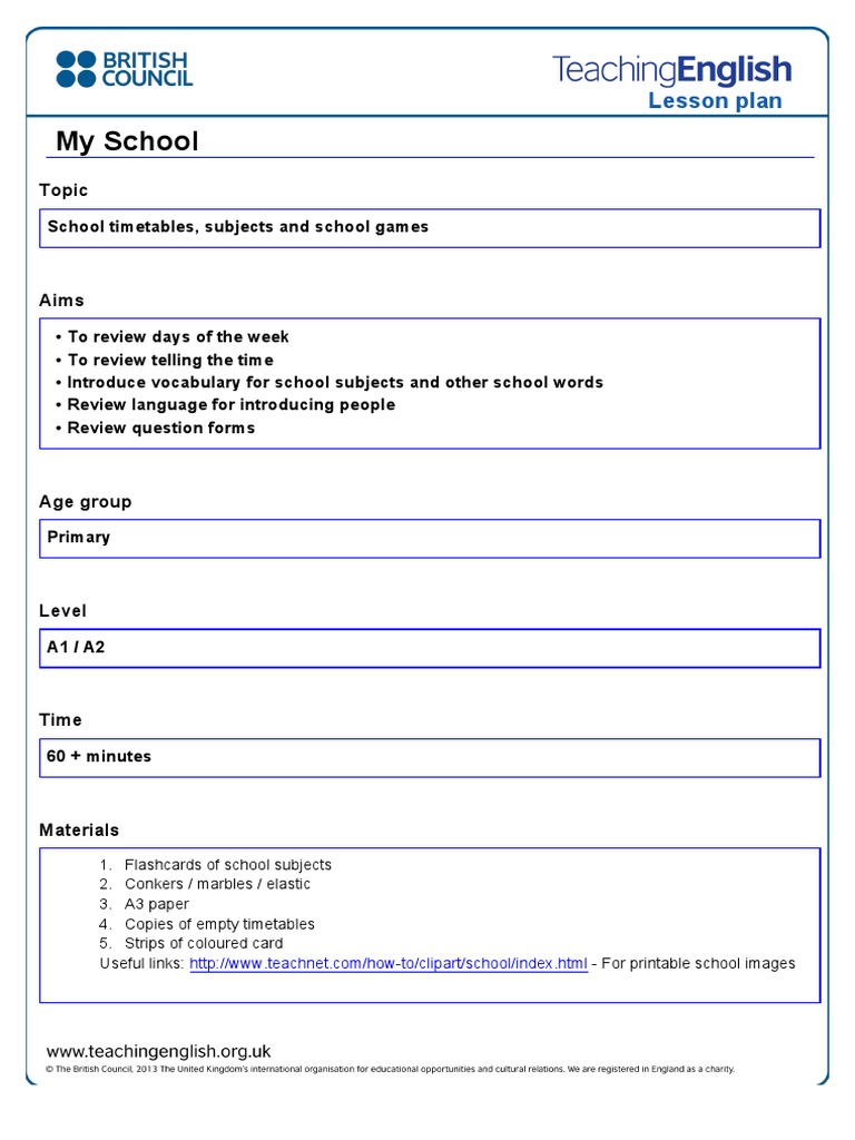 My School Lesson Plan | Lesson Plan | English Language