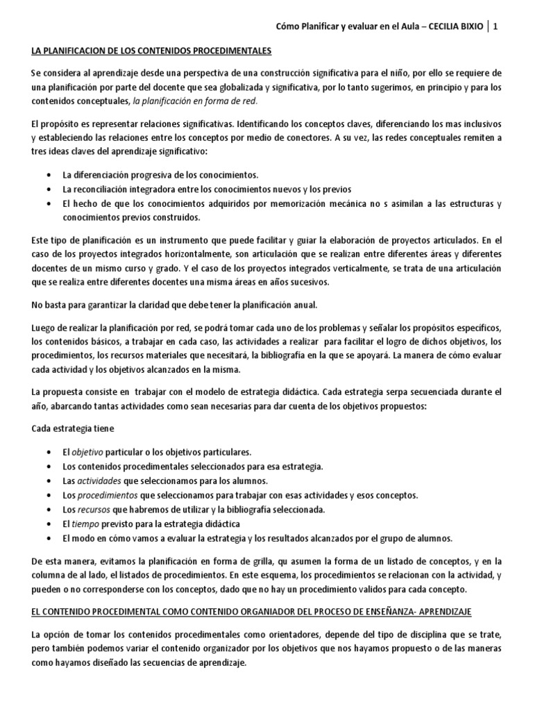 La Planificacion de Los Contenidos Procedimentales Bixio | PDF ...