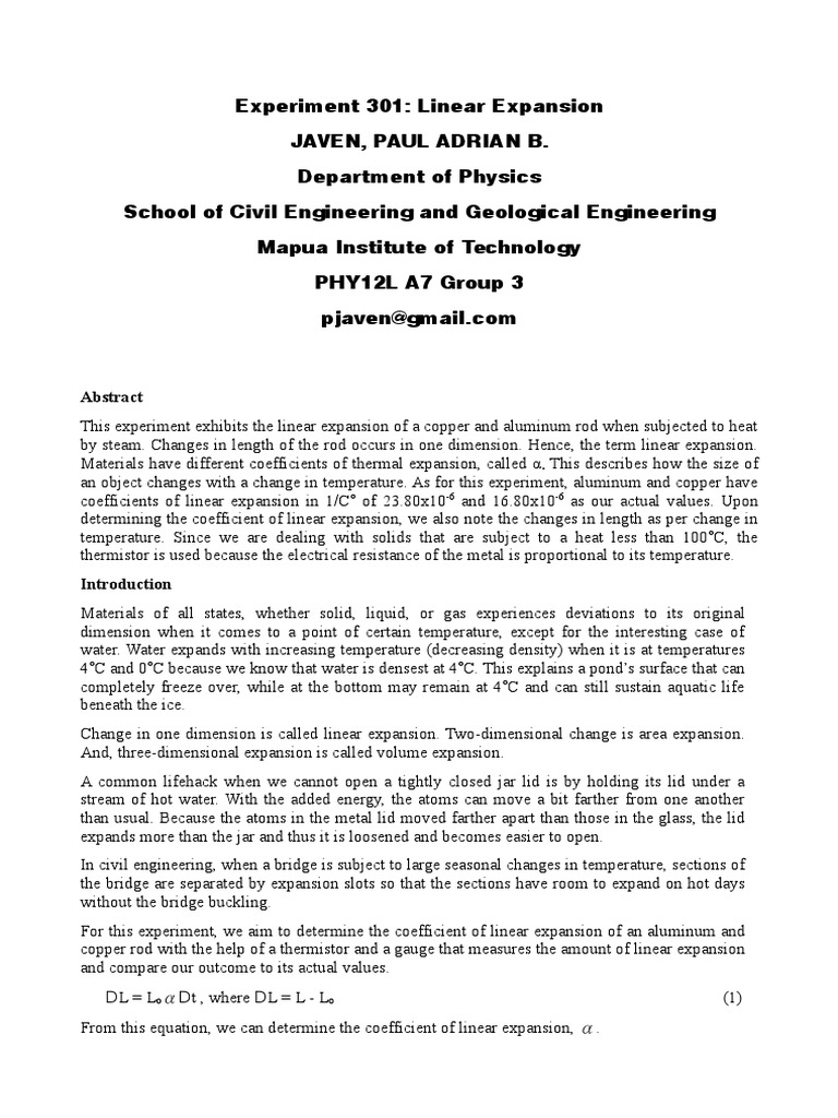 PHY12 Report 1 | Download Free PDF | Thermal Expansion | Electrical ...