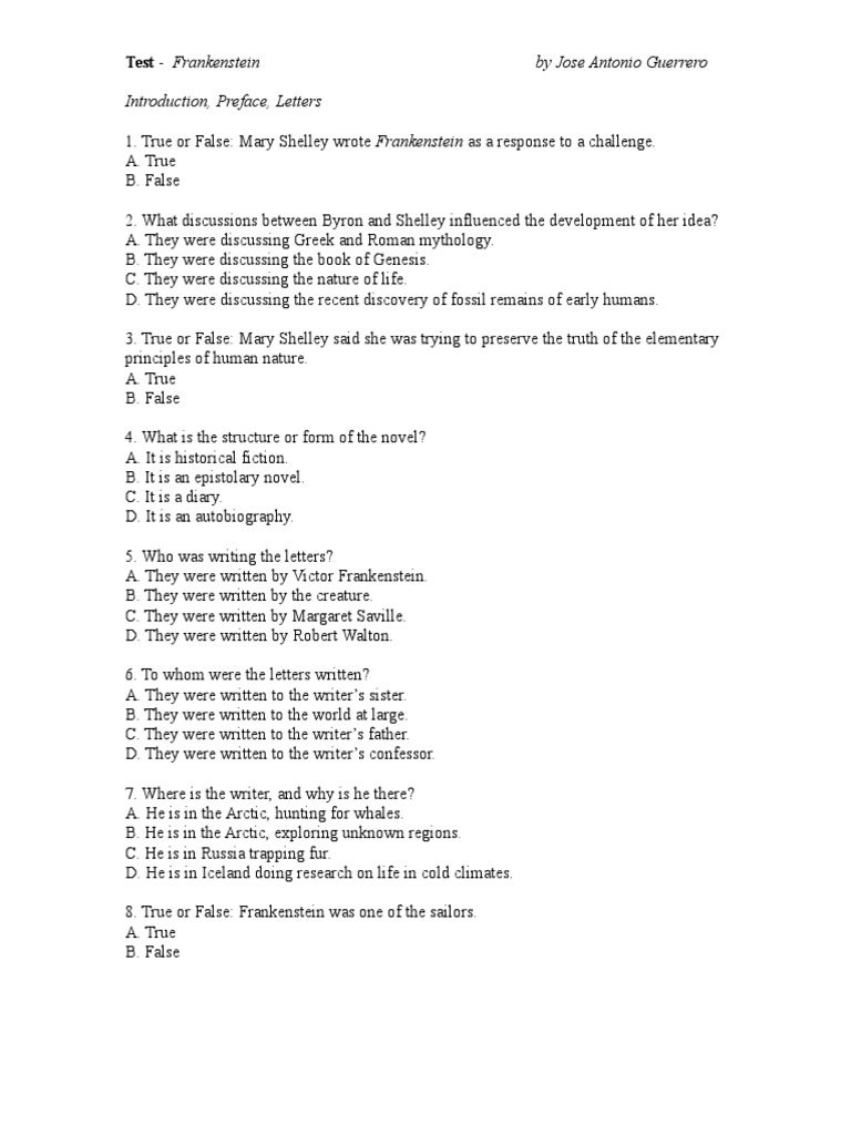 Frankenstein Test Questions and Answers | PDF | Frankenstein | Mary Shelley
