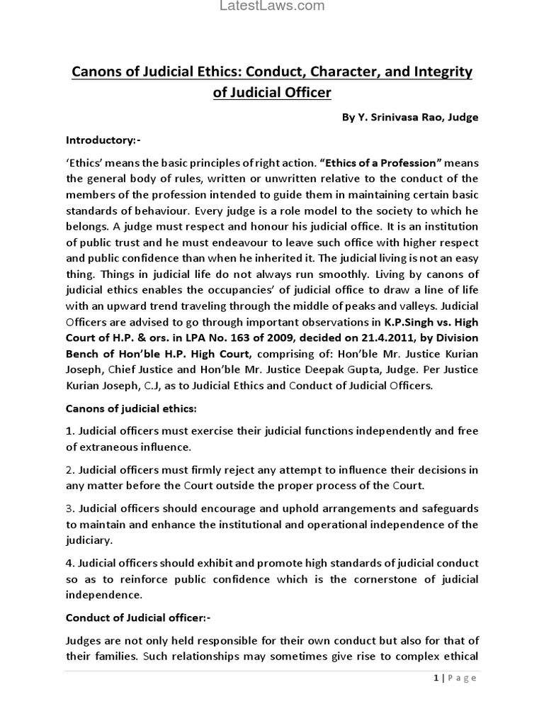 Canons of Judicial Ethics Conduct, Character, and Integrity of Judicial ...