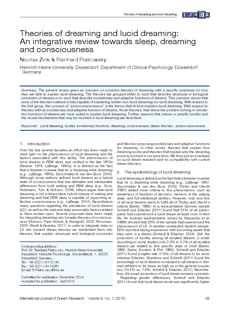 Theories of Dreaming and Lucid Dreaming: An Integrative Review Towards ...