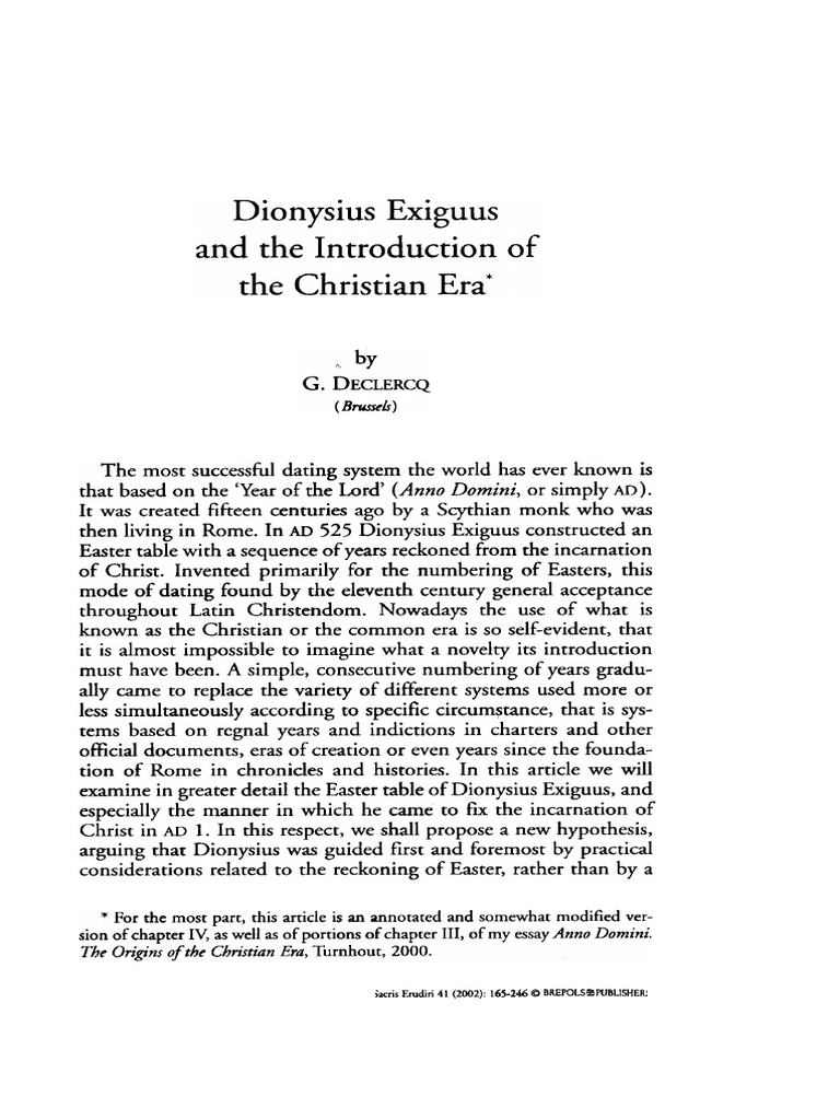 Dionysius Exiguus And The Introduction Of The Christian Era Pdf