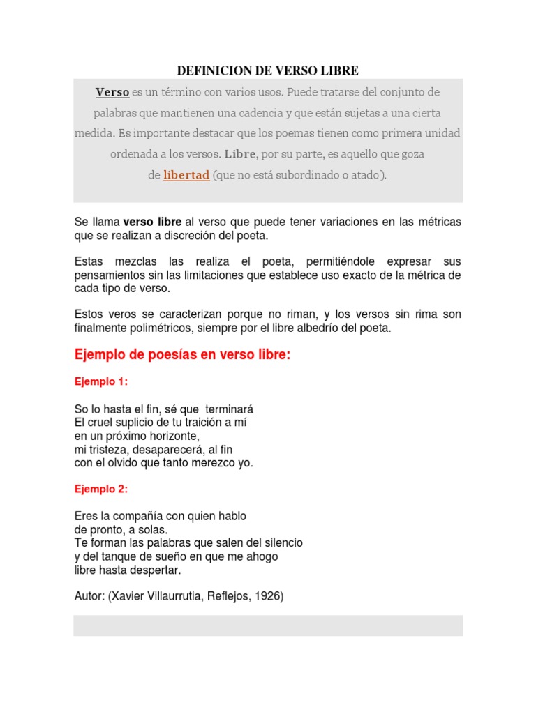 Definición y Ejemplos de Verso Libre | PDF | Número natural | Metro ...