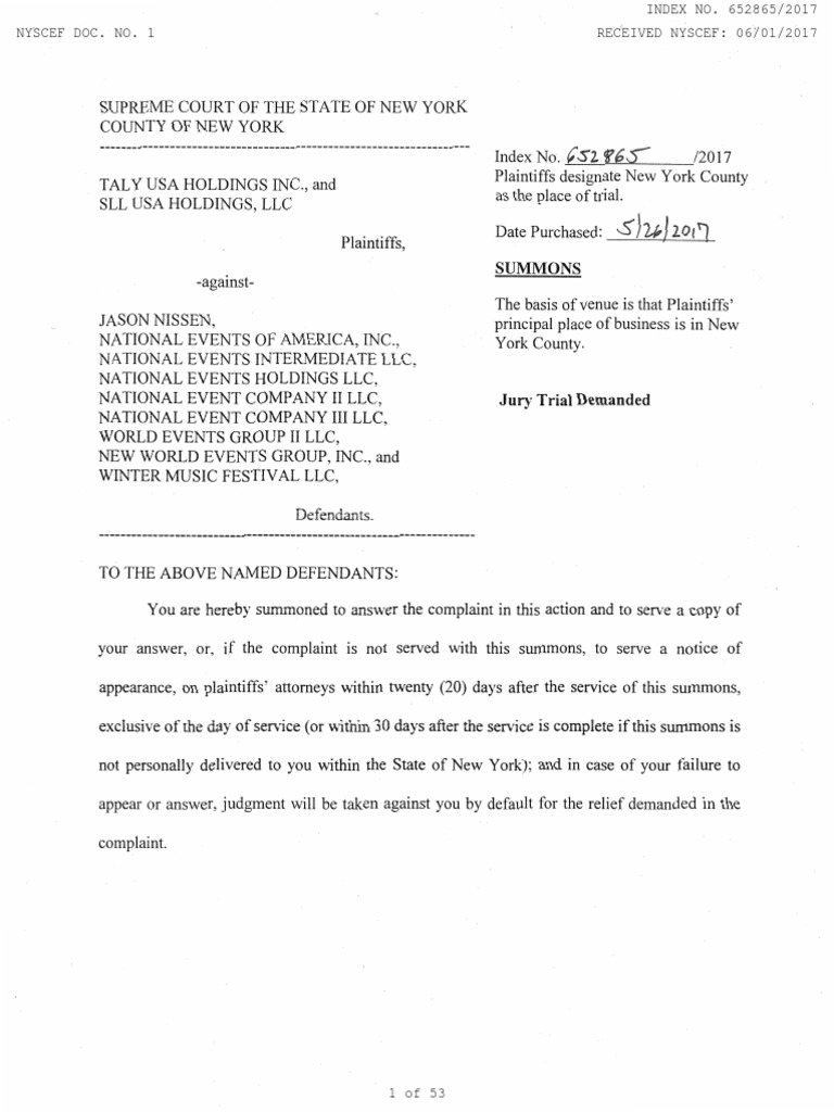 TALY USA V Jason Nissen - Civil Complaint | PDF | Complaint | Ponzi Scheme