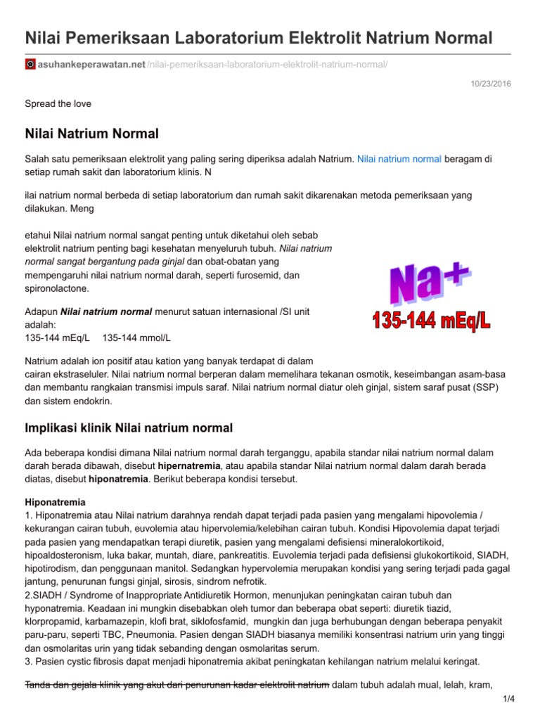 Nilai Pemeriksaan Laboratorium Elektrolit Natrium Normal | PDF ...