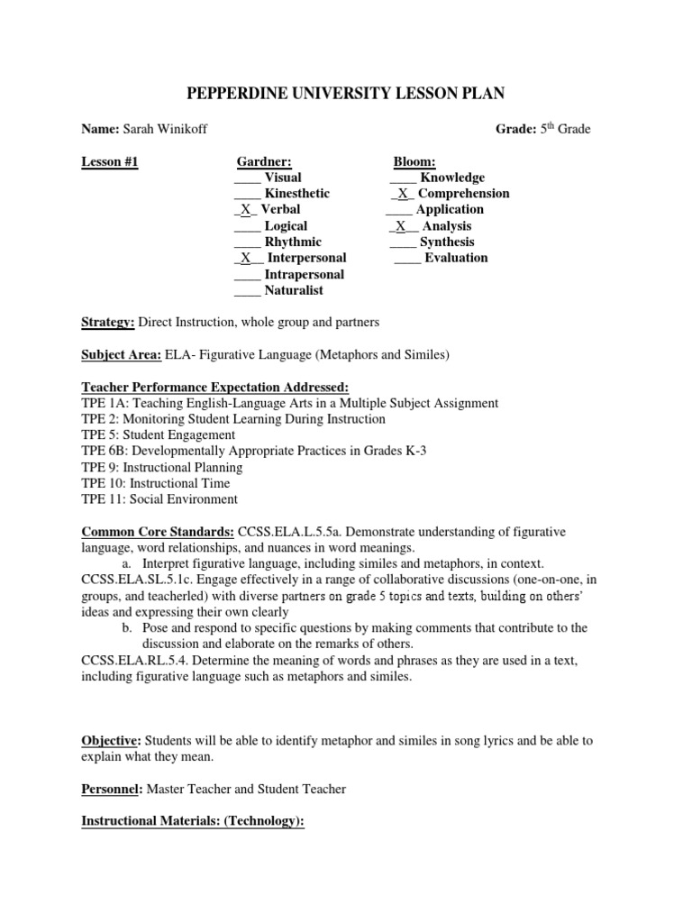 Simile and Metaphor Lesson Plan | PDF | Metaphor | Lesson Plan
