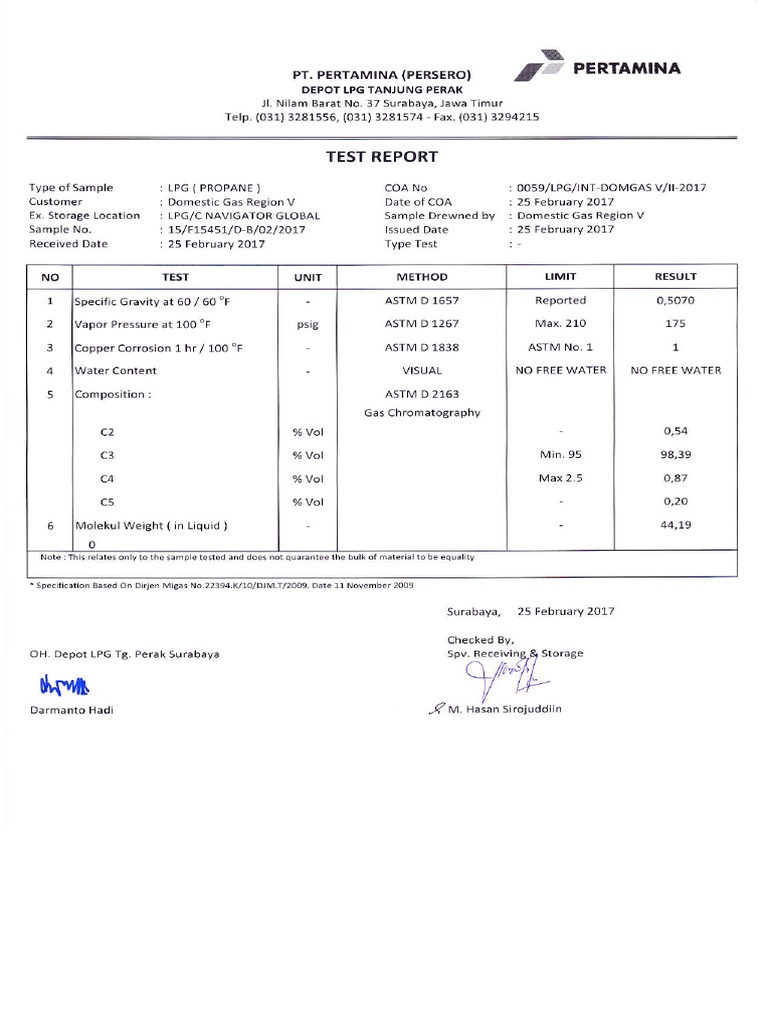LPG Test Reports and COA Details | PDF