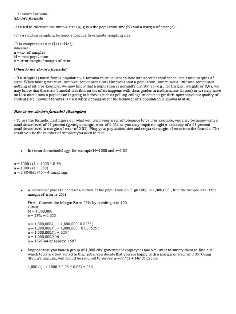 Slovin Formula | PDF | Margin Of Error | Sampling (Statistics)