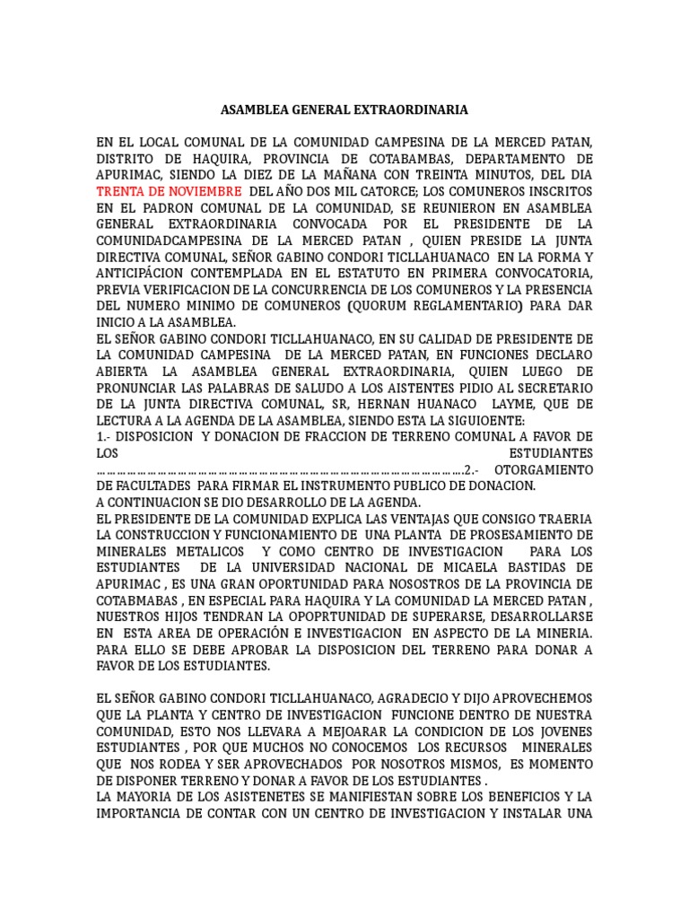 Acta de Asamblea General Extraordinaria. | PDF