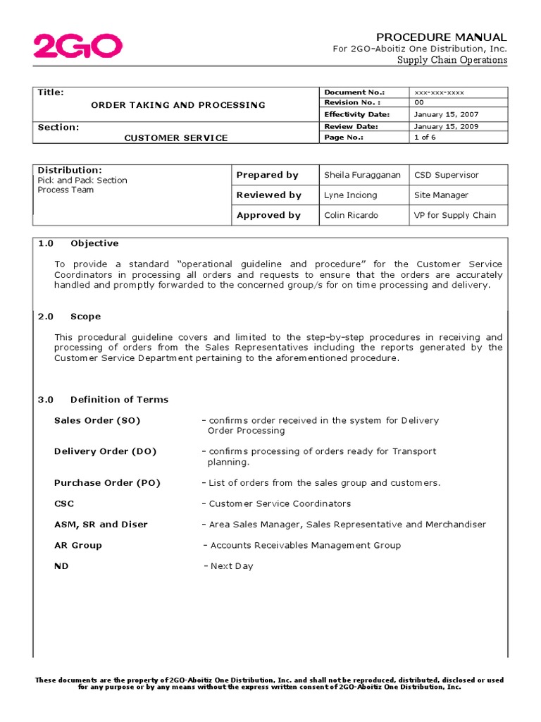 Processing Customer Orders A Standard Operating Procedure For Order