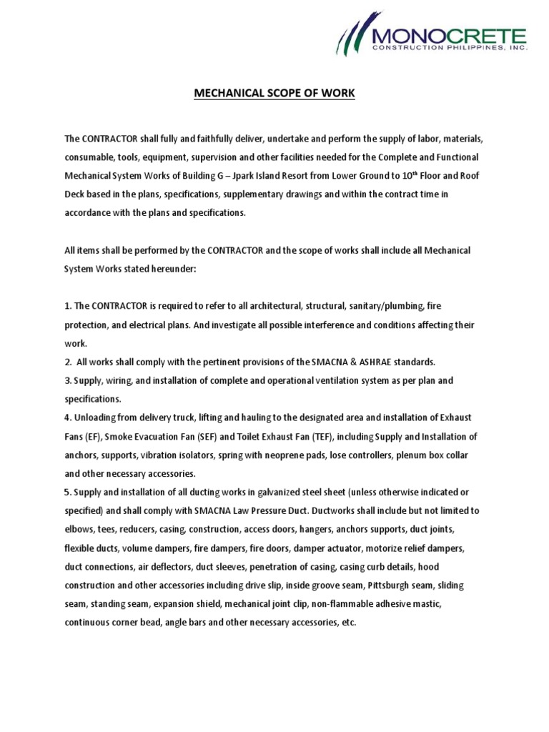 Mechanical Scope of Work | Duct (Flow) | Electrical Wiring