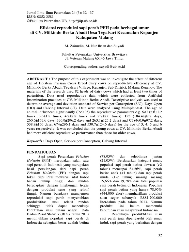 Efisiensi Reproduksi Sapi Perah PFH Pada Berbagai Umur Di CV. Milkindo ...