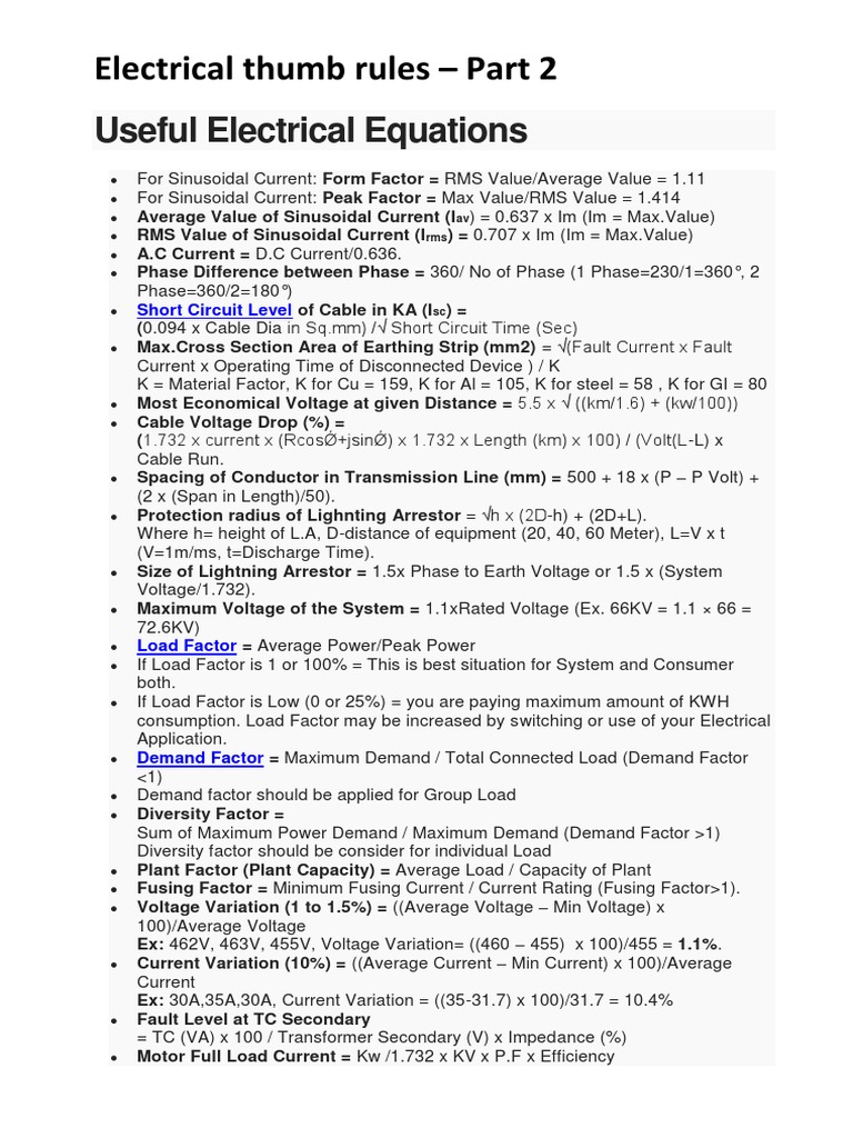 Electrical Thumb Rules Part 2 | PDF | Transformer | Cable