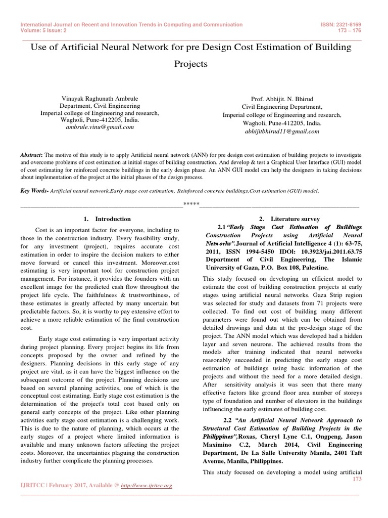 Use Of Artificial Neural Network For Pre Design Cost Estimation Of Building Projects Pdf