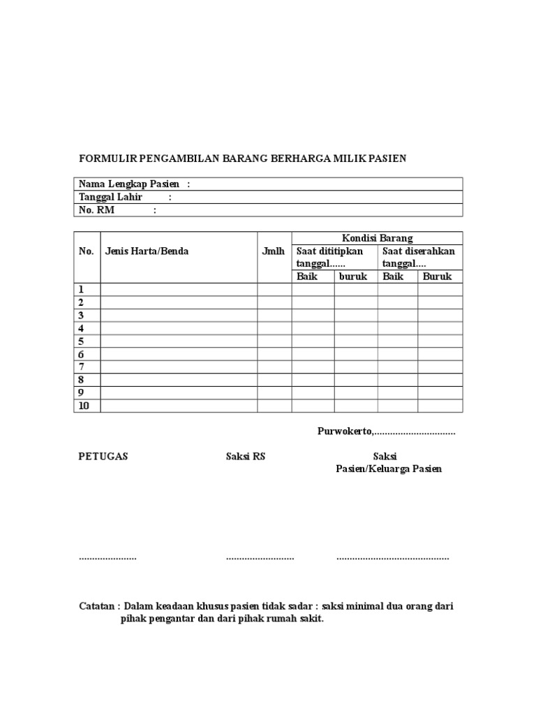 Formulir Pengambilan Barang Berharga Milik Pasien | PDF