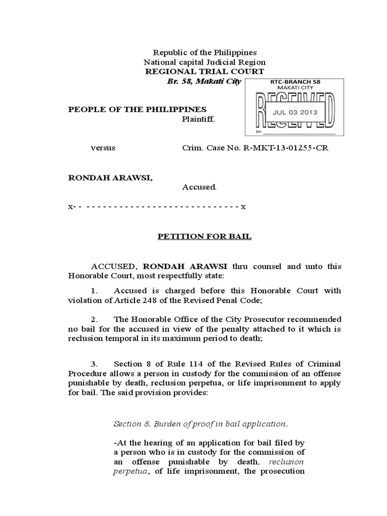Petition For Bail | PDF | Bail | Prosecutor