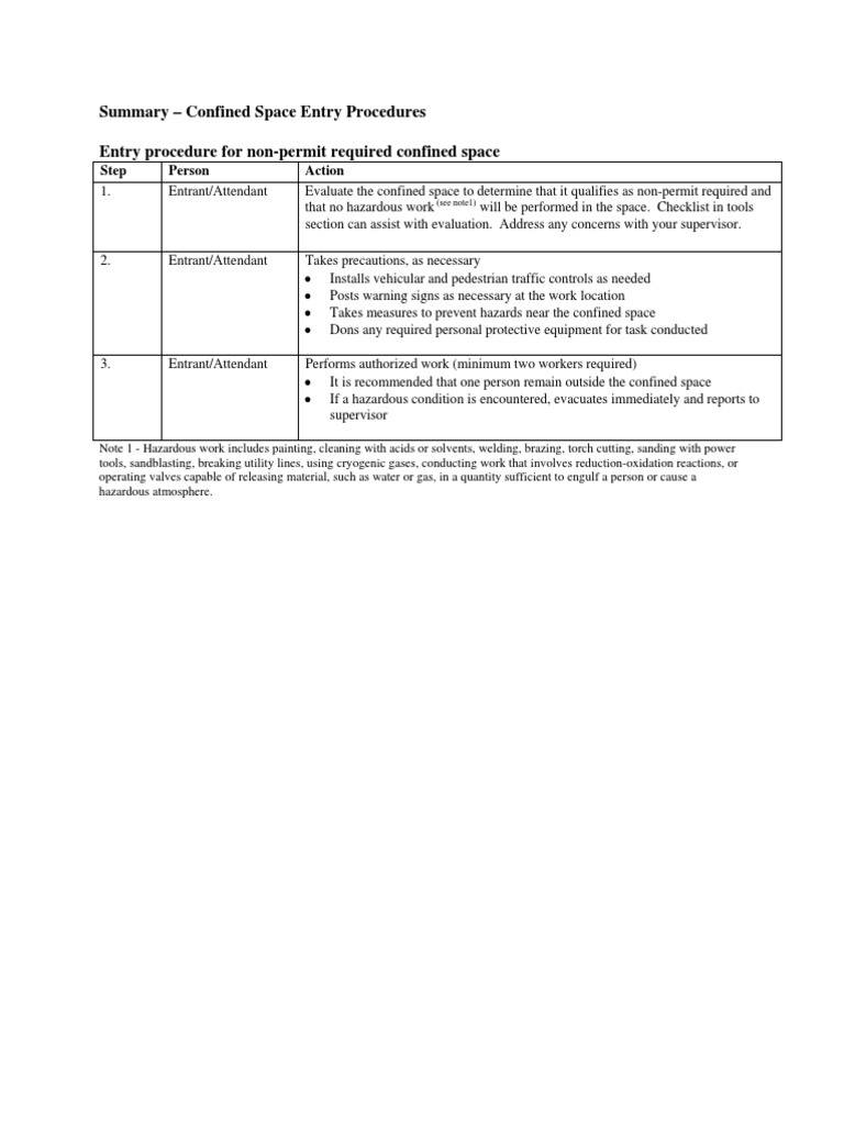 Confined Space Entry Procedure Pdf Safety Chemistry