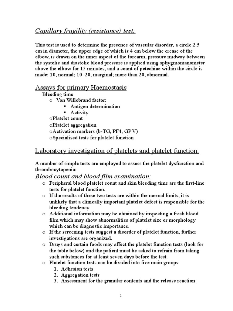 Capillary Fragility (Resistance) Test:: Assays For Primary Haemostasis ...