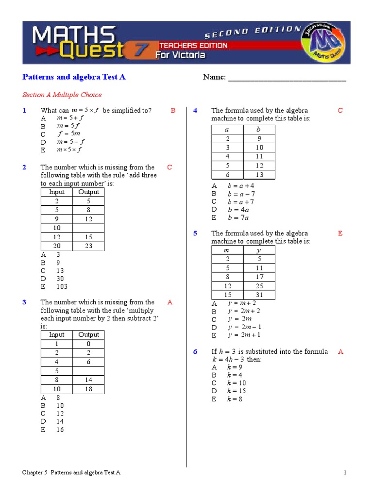 Chap05-Test-A Patterns & Algebra | PDF | Algebra | Teaching Mathematics