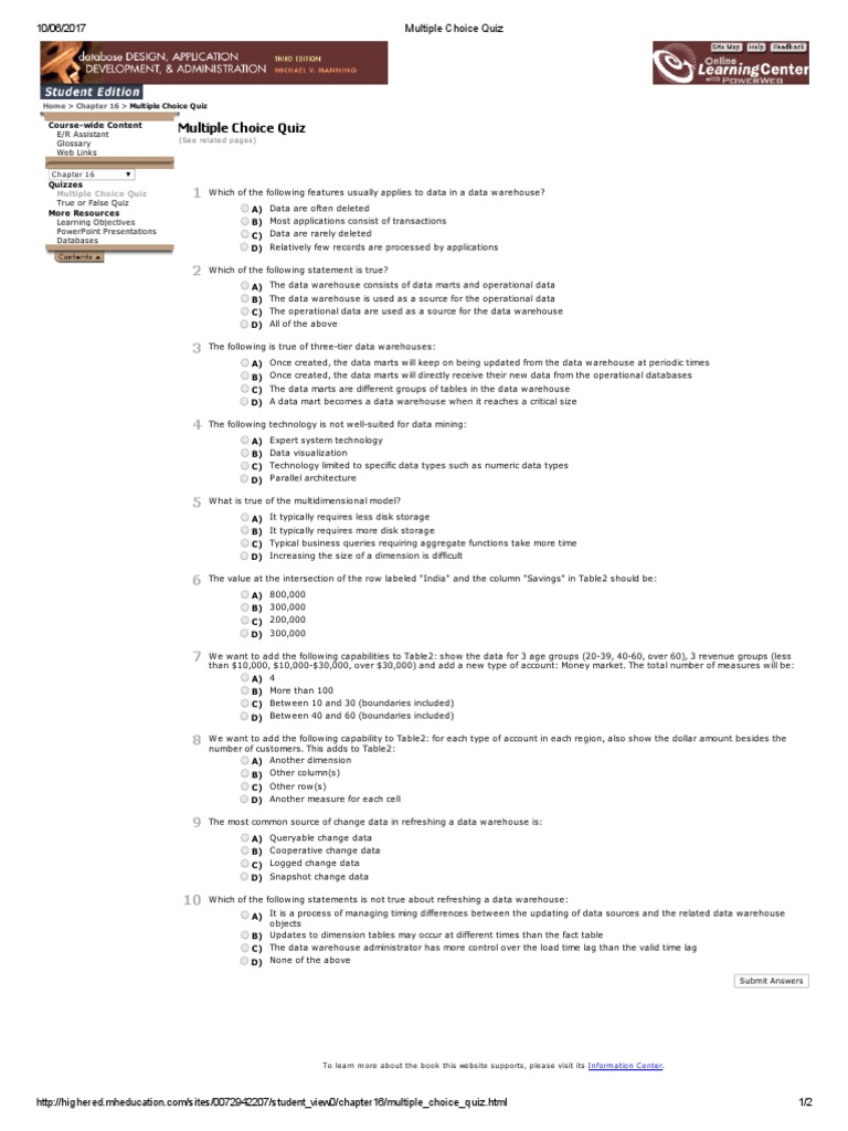 Multiple Choice Quiz | PDF | Data Warehouse | Databases