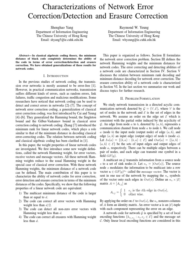 Characterizations Of Network Error Correction Detection And Erasure Correction Pdf Forward