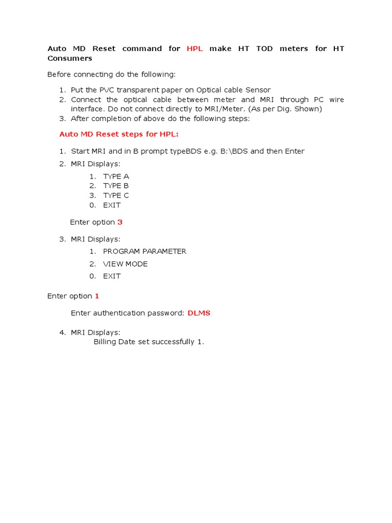 Auto MD Reset for HPL HT TOD Meters | PDF