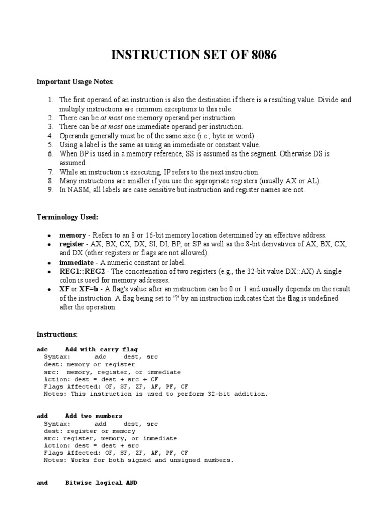 Instruction Set of 8086: Adc Add With Carry Flag | PDF | Instruction Set | Assembly Language