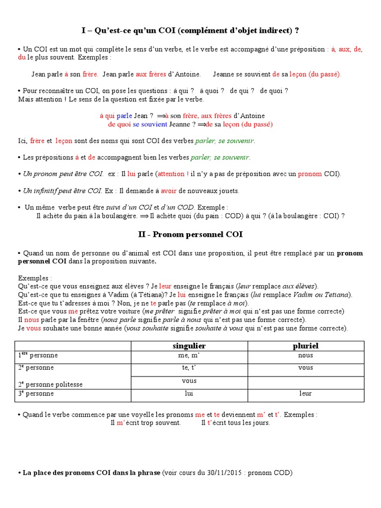COI Et Pronoms Personnels COI | PDF | Complément d'objet | Clause