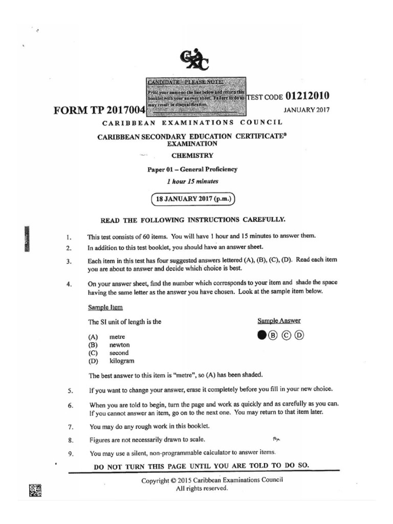 Csec Chemistry January 2017 Paper 1 | PDF