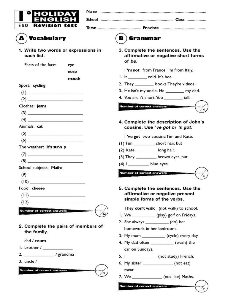 A Vocabulary B Grammar: R Evision Test | PDF | Linguistic Typology ...