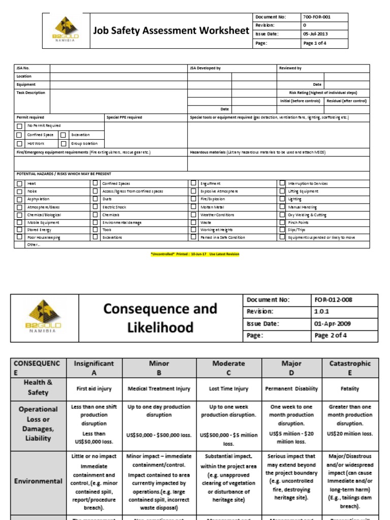 Job Safety Assessment Worksheet: Document No: 700-FOR-001 Revision: 0 ...
