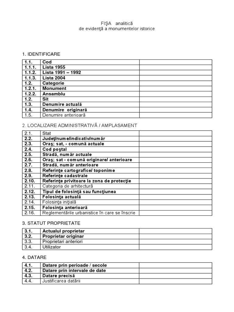 Fisa Analitica de Evidenta A Monumentelor Istorice | PDF