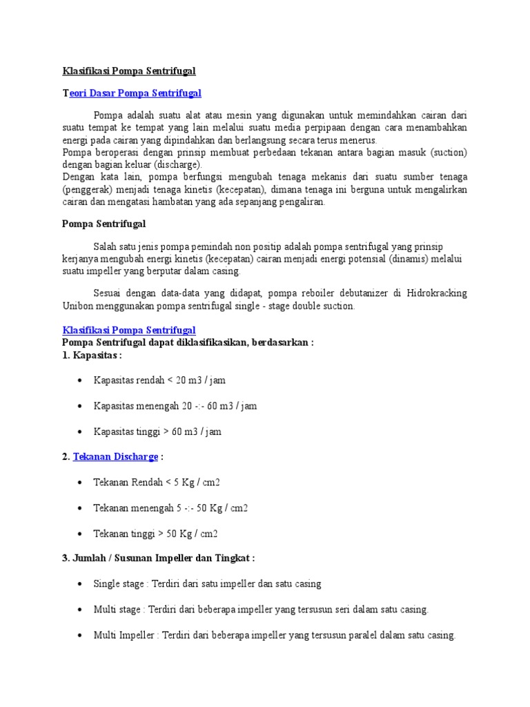 Klasifikasi Pompa Sentrifugal, Torak, Rotari | PDF