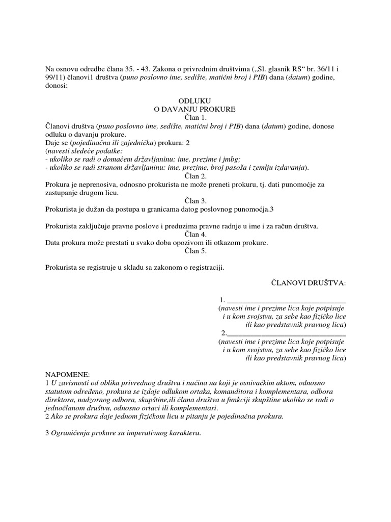 Odluka o Davanju Prokure | PDF