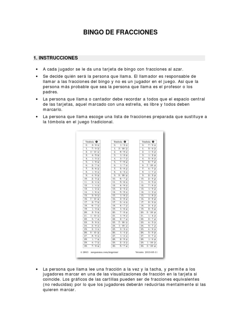 Bingo de Fracciones | PDF | Juego de azar | Ajedrez