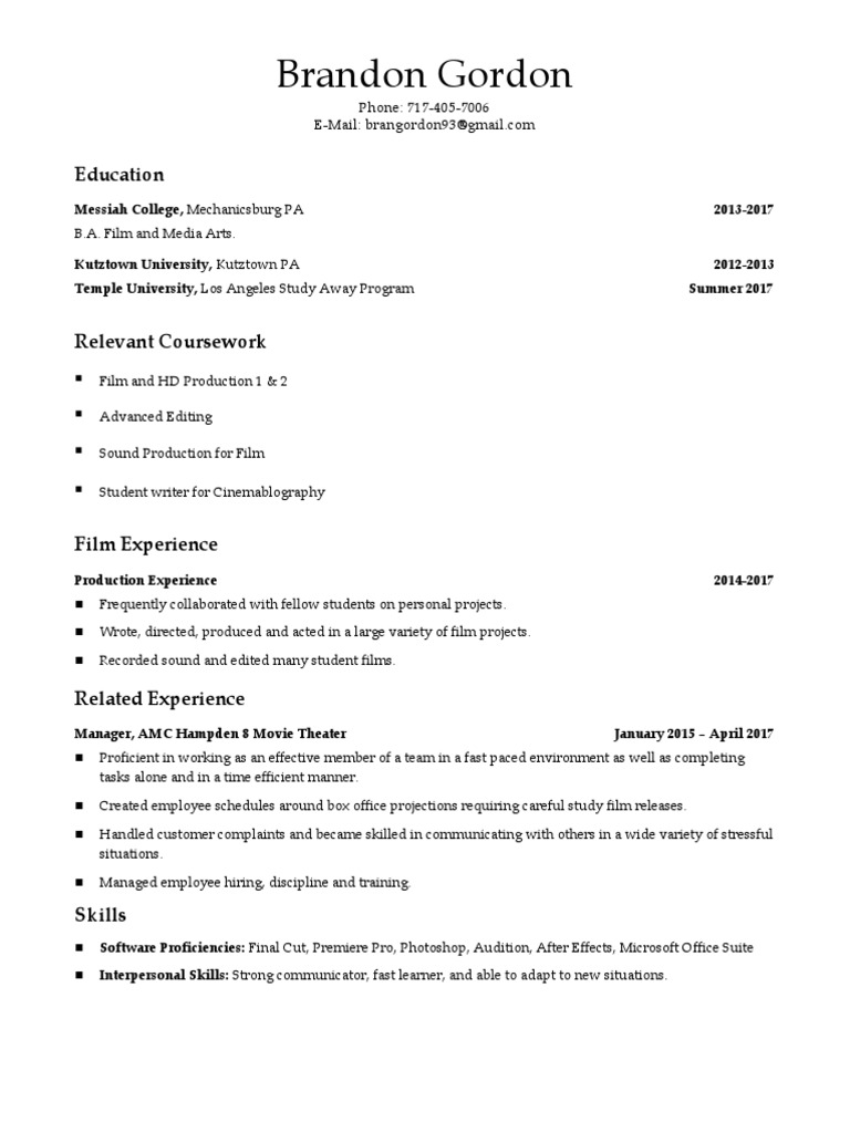 Film & Media Arts Resume | PDF | Career & Growth
