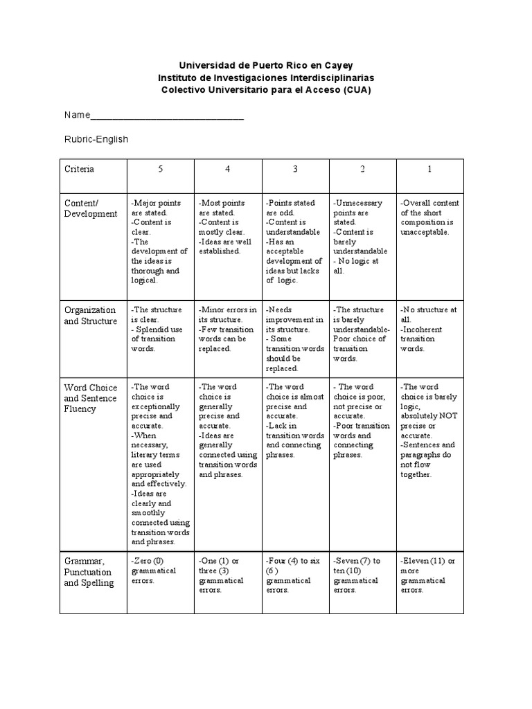 Rubric-English-CUA Cayey | PDF | Phrase | Grammar