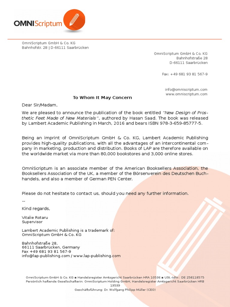 To Whom It May Concern: Thetic Feet Made of New Materials", Authored by Hasan Saad. The Book Was ...