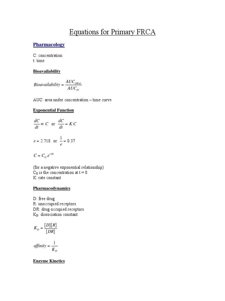 Equations For Primary FRCA PDF | PDF | Blood Pressure | Respiratory System