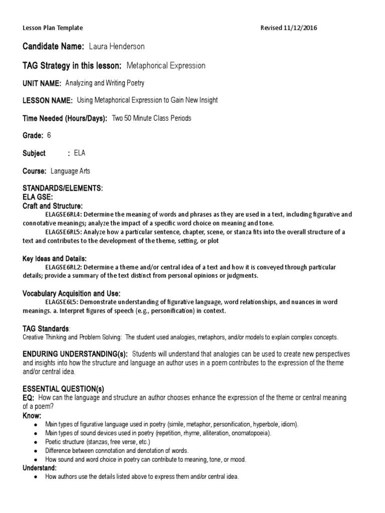 Metaphorical Expression Lesson Plans | PDF | Metaphor | Poetry