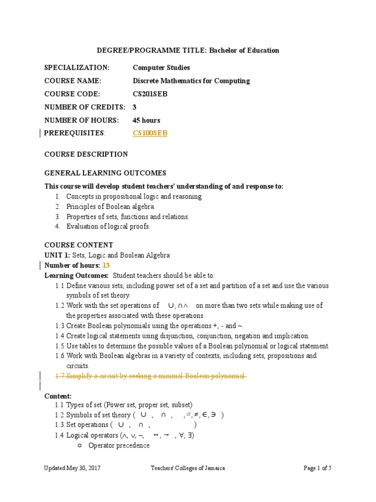 CS201SEB Discrete Mathematics | PDF | Boolean Algebra | Teaching ...